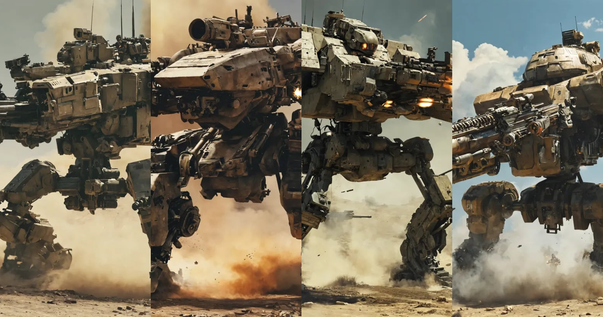 Lexica - Mechanized war machine, firing machine guns, multiple legs ...