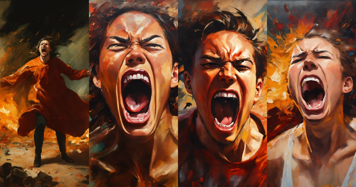 Lexica - A person screaming in anger, full scene, painting