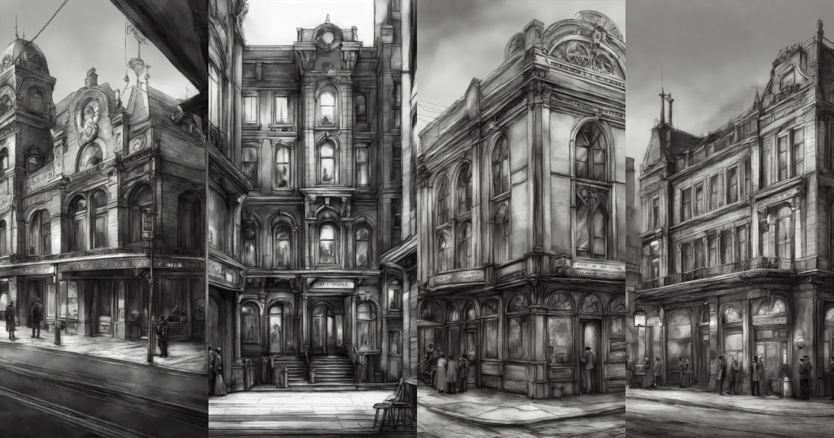 Lexica - A scene of a cinema in a victorian, Steampunk city. greyscale ...