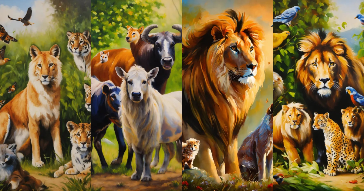 Lexica - World animal day, multiple animals, oil painting