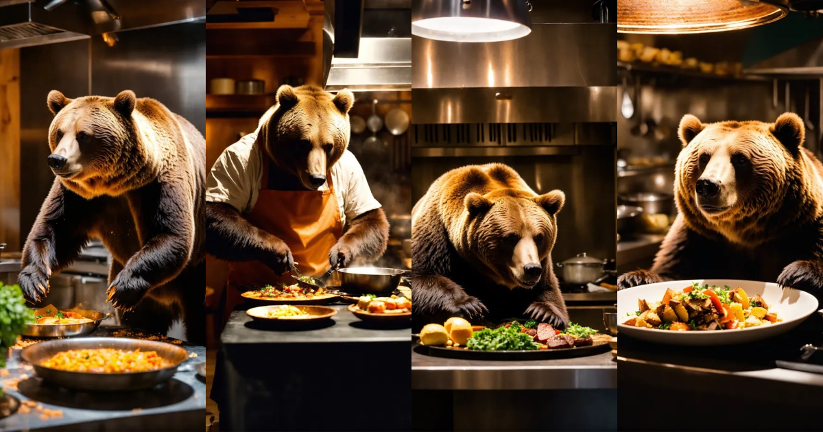 Lexica - Grizzly bear cooking in kitchen, French restaurant, fine ...