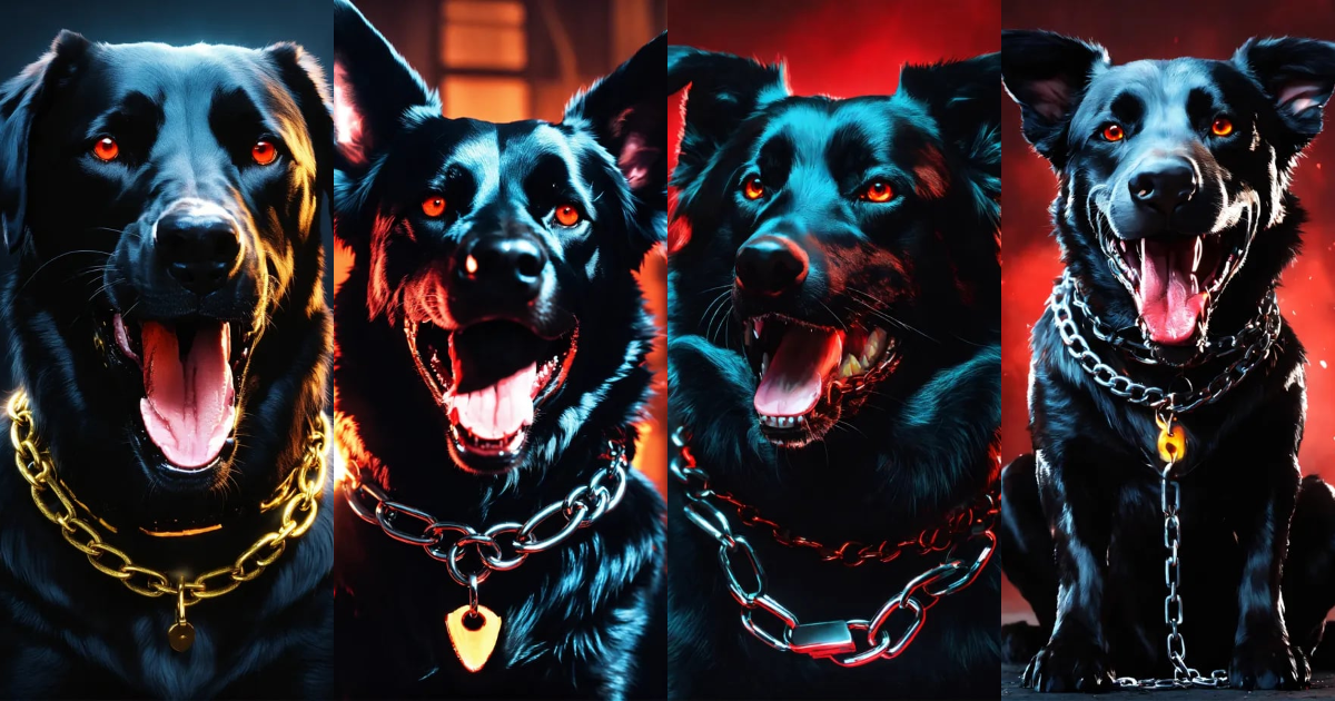 Lexica - Black dog foaming at the mouth, wearing a dog chain collar ...