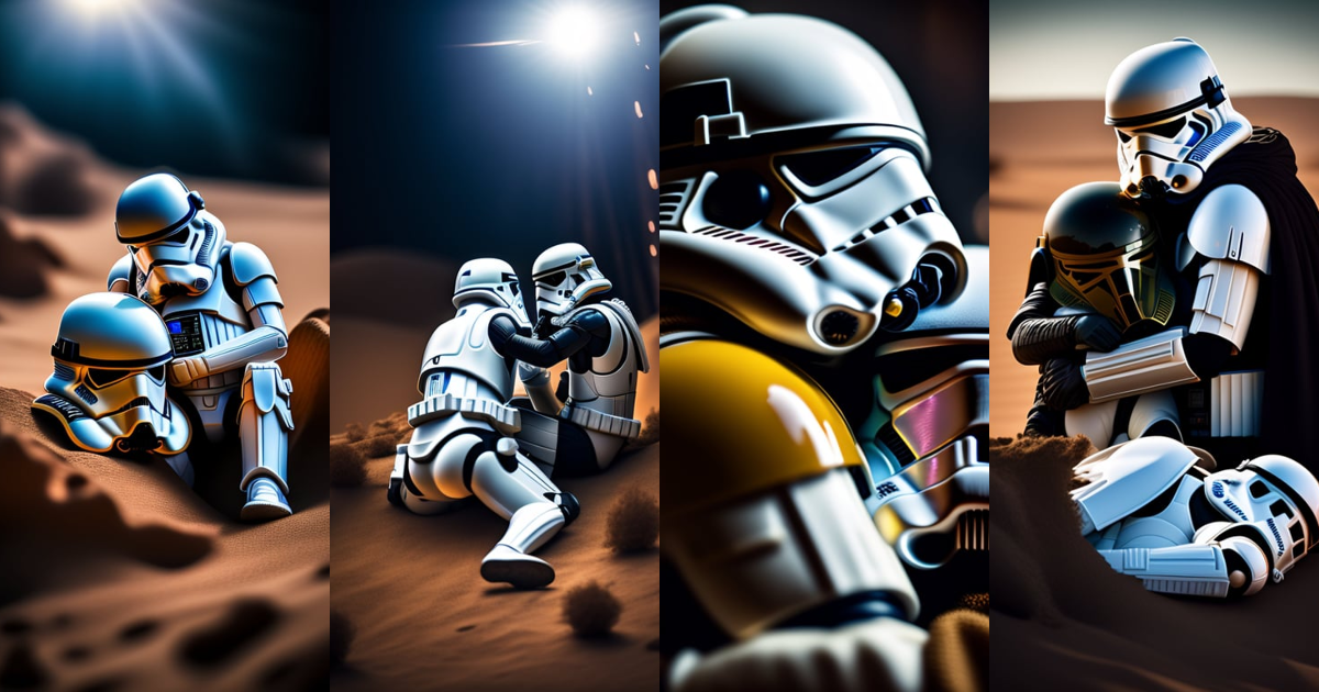 Lexica - A heart-wrenching scene of a Star Wars stormtrooper cradling ...