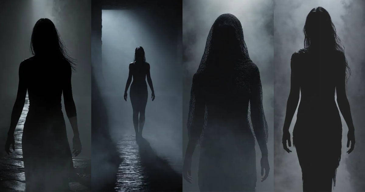 Lexica - Shadow figure woman emerging from the darkness, black and grey ...