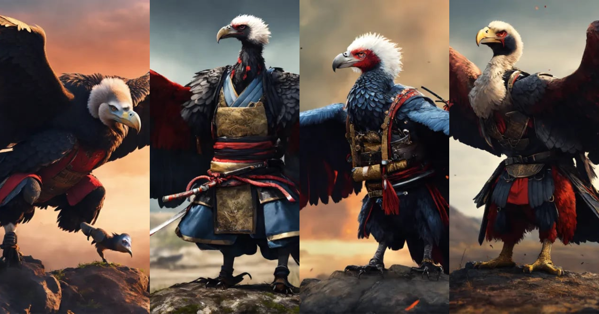 Lexica - Vulture bird samurai with arms. battlefield. hyper realistic.