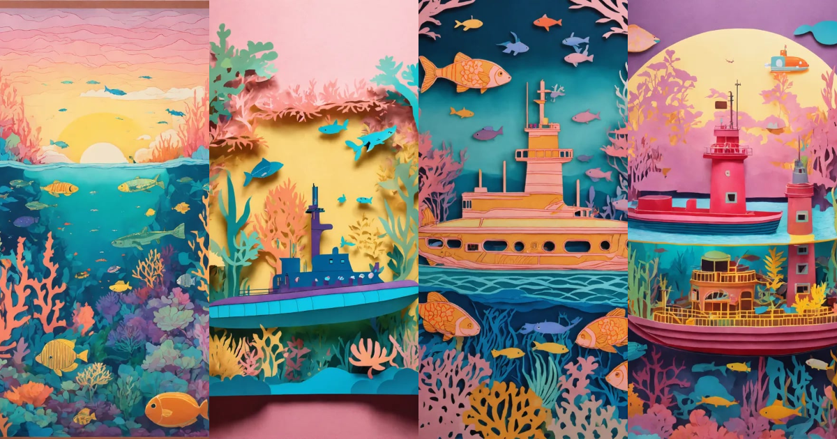 Lexica - 2d laser cut paper illustration. Submarine floating through a ...