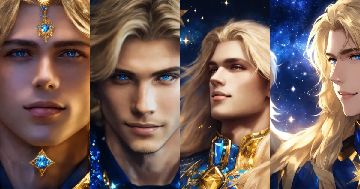 Lexica - Beautiful faces cosmic men long blond hair, smiling, blue and ...