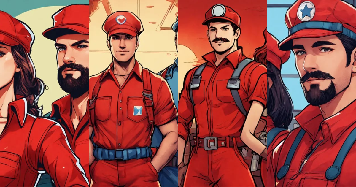Lexica - Close up of two heroic plumber in a red outfit with a red hart ...