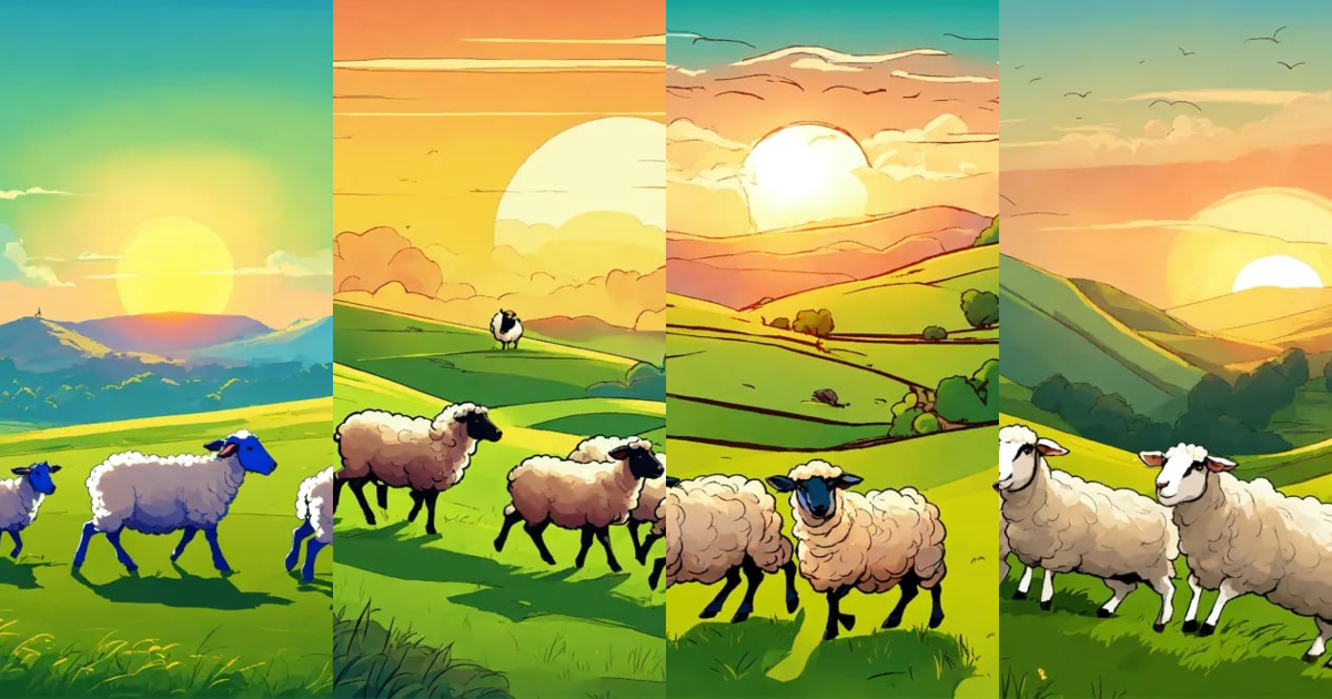 Lexica - The sheep follow their shepherd, field, green grass, blue sky ...