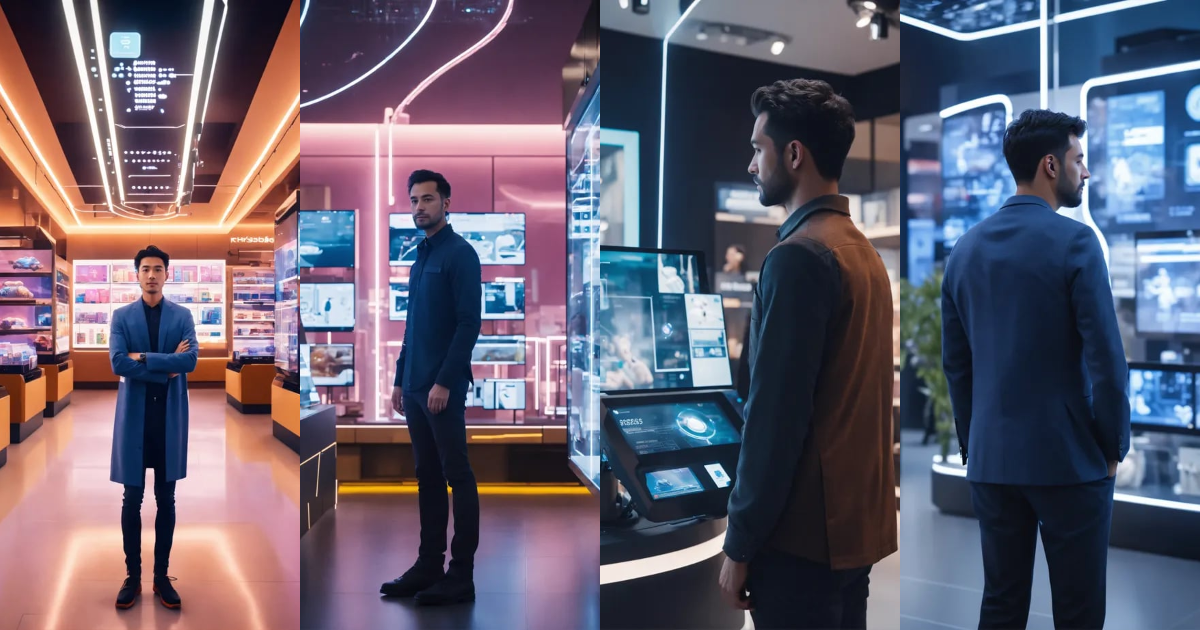 Lexica - Portrait of a man in a futuristic retail store with AI robots ...