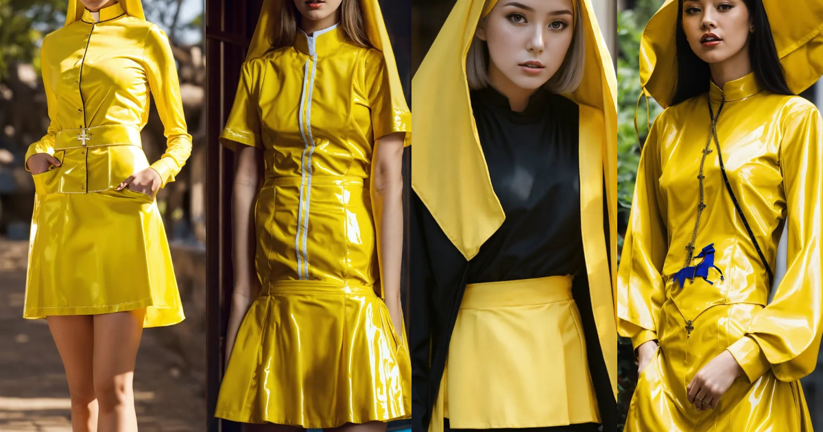 Lexica - Girl in glossy yellow nun uniform miniskirt