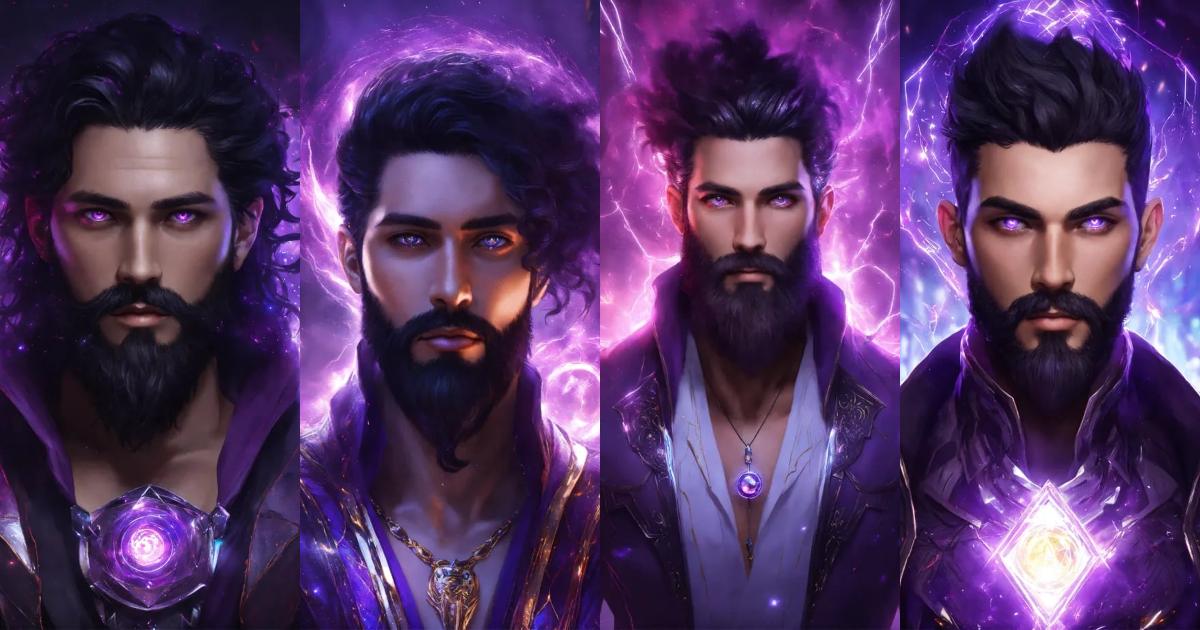 Lexica - "magical trickster god", purple energy bolts, purple sparkles ...