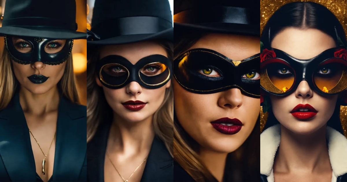 Lexica - Mafia boss lady mit einer Skimaske und Amber eyes.