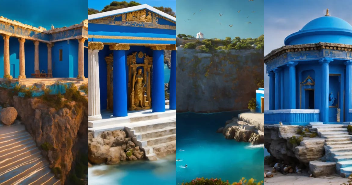 Lexica - A blue temple on a seaside cliff, dedicated to a sea goddess ...