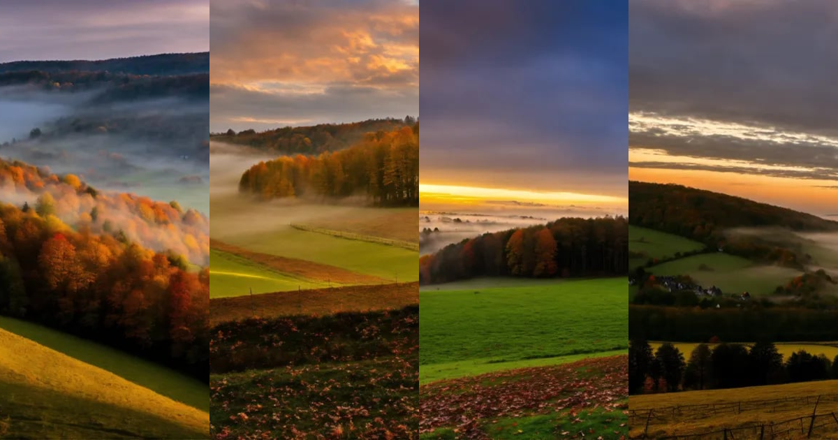 Lexica - Foggy landscape of Belgian Ardennes during fall at dusk