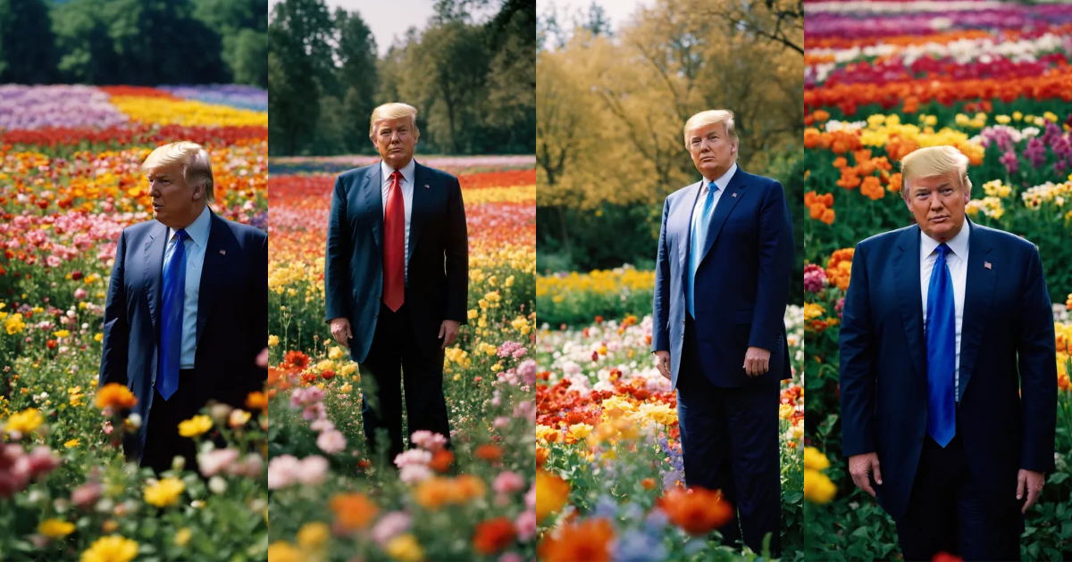 Lexica - Happy Donald Trump standing in a beautiful field of flowers ...