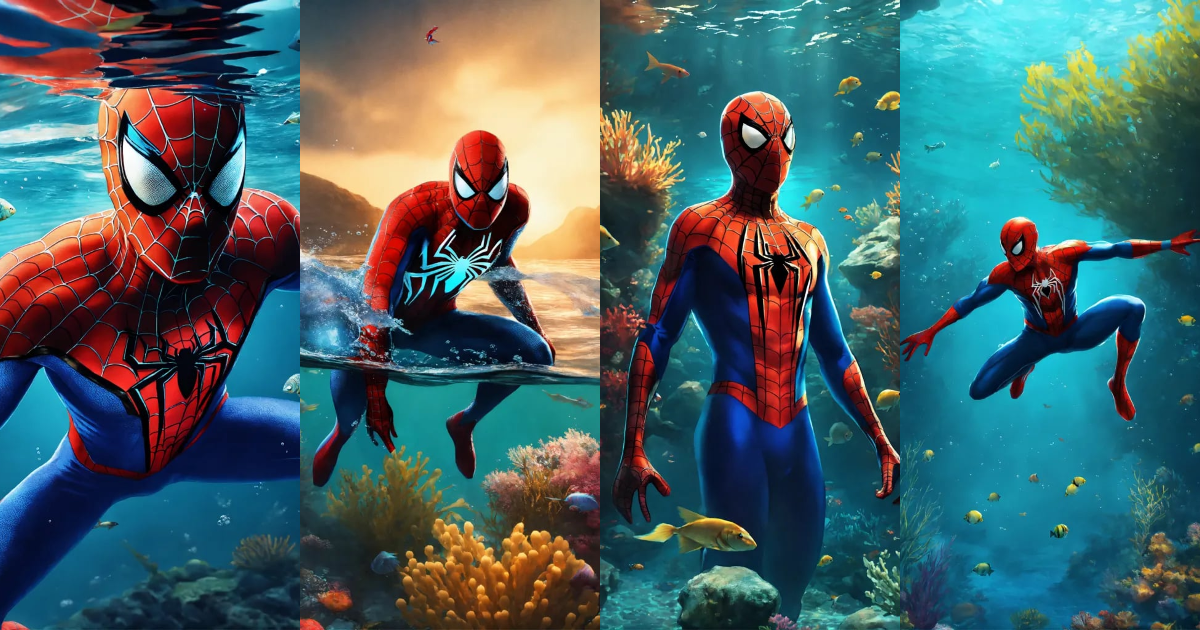 Lexica - Spiderman underwater in the ocean, nature background, 2D render