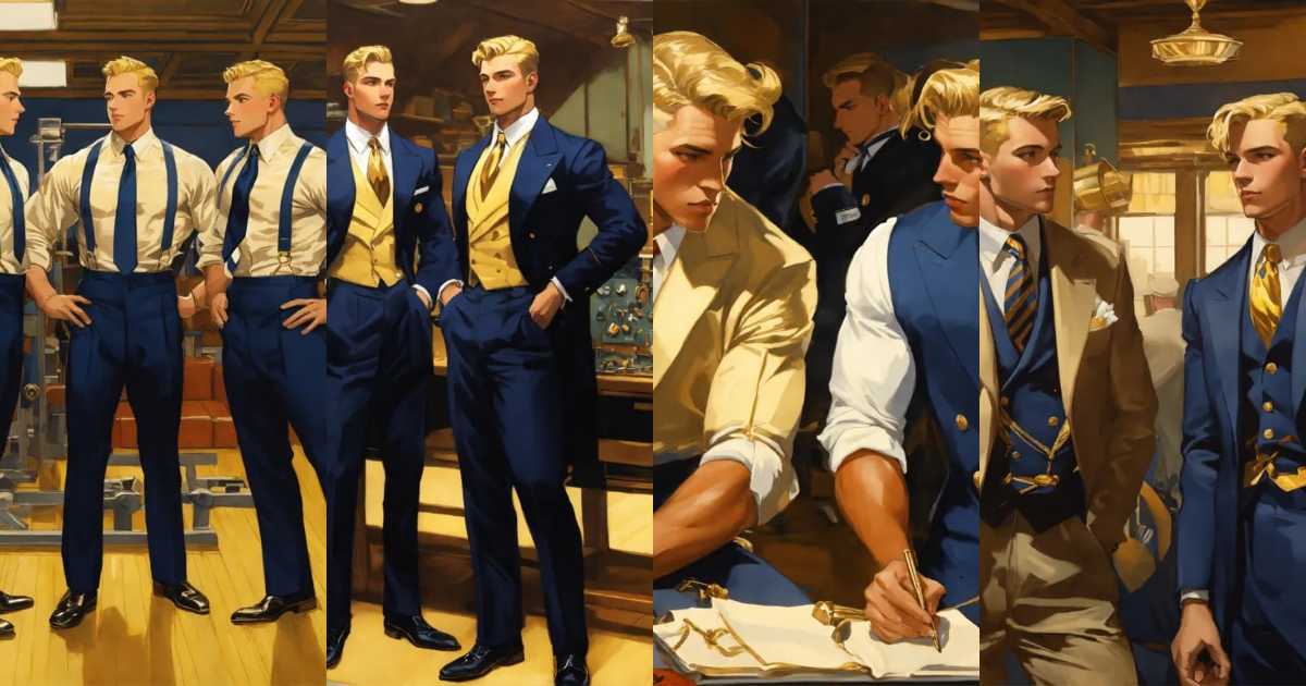 Lexica - Two blonde muscled male traders in navy suit, golden tie, in a ...