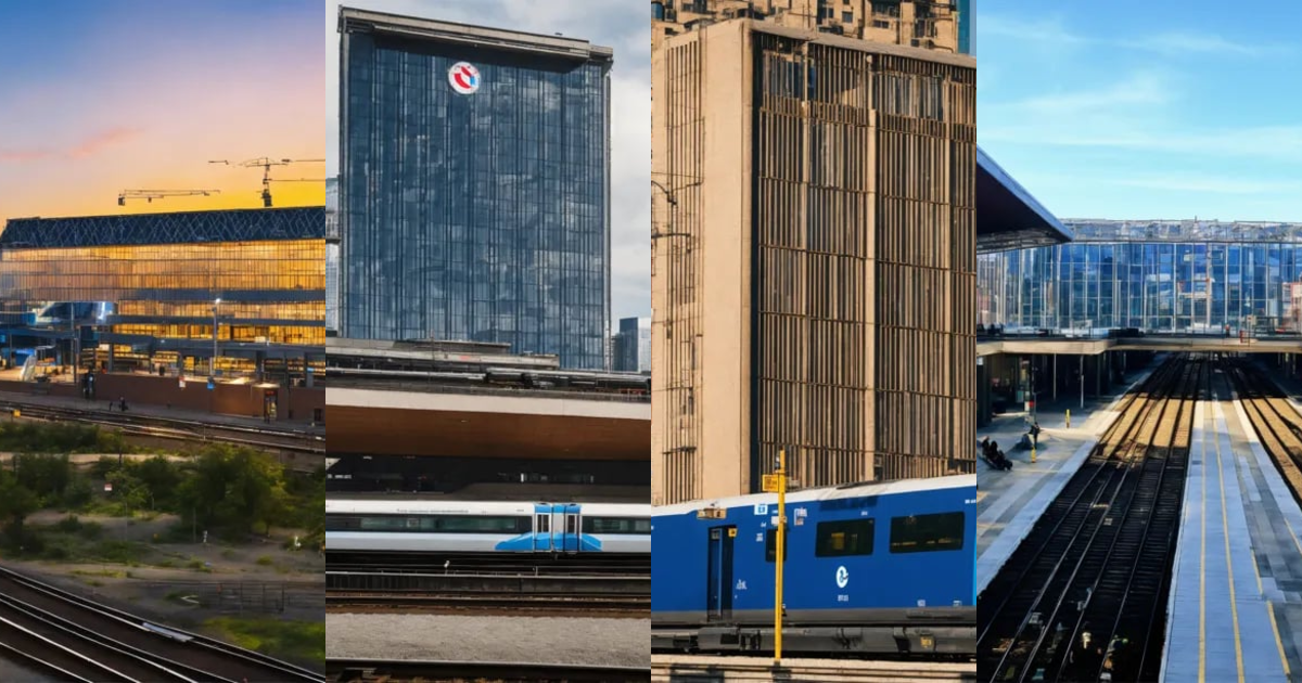 Lexica - A modern skyscraper train station at noon.
