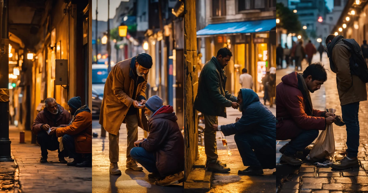 Lexica - A man helping a poor beggar in the street, surreal photo ...