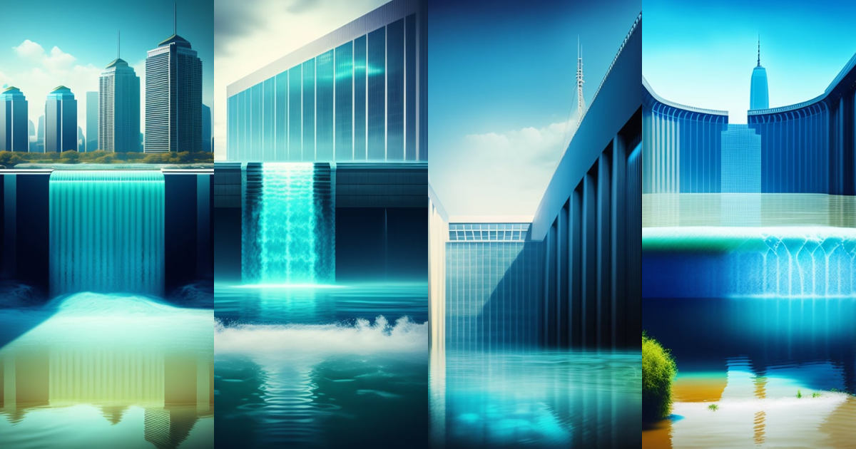 Lexica - Dam cracked, clear blue water flooding, flooded office ...
