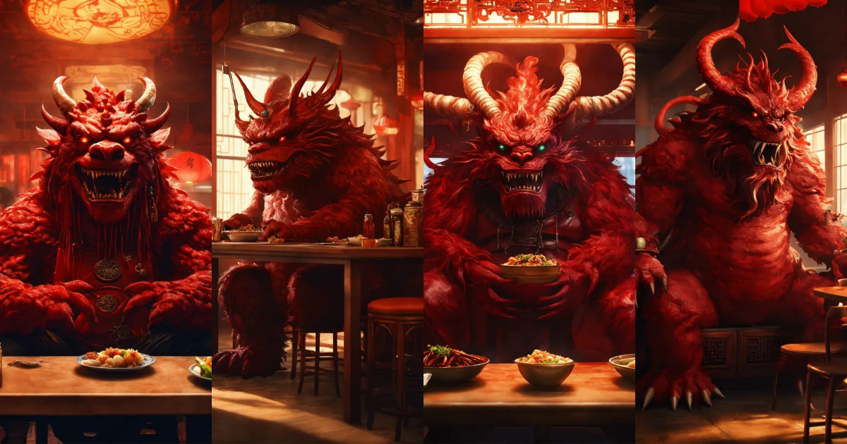 Lexica - A huge red chinese monster is sitting in front of a kitchen ...