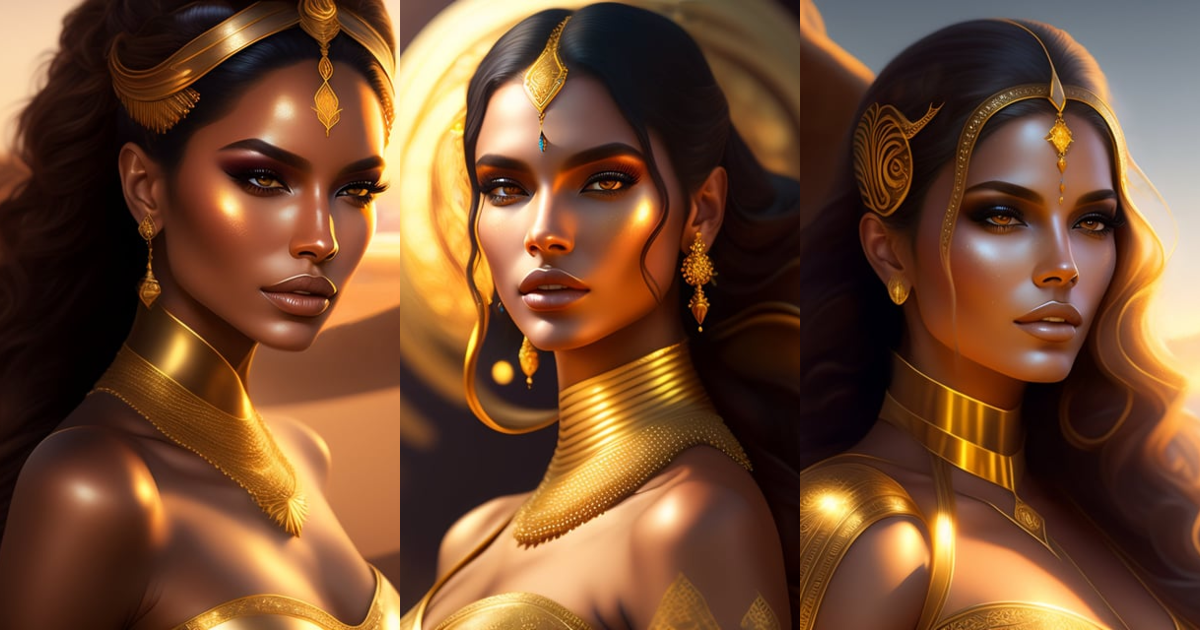 Lexica - A beautiful cinematic female sand goddess, golden dress, glow ...