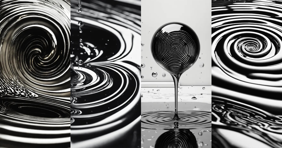 Lexica - Metallic drop of liquid on white floor, black and white ...