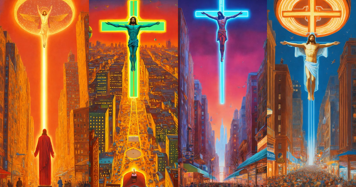 Lexica - Ultra-detailed illustration of "A huge flying iron-Jesus" in a ...