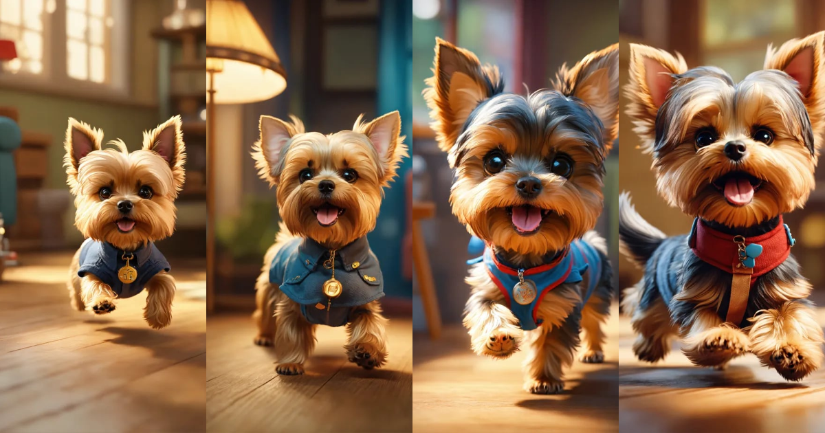 Lexica - Toy art cute Yorkshire terrier dog running barking , Pixar ...