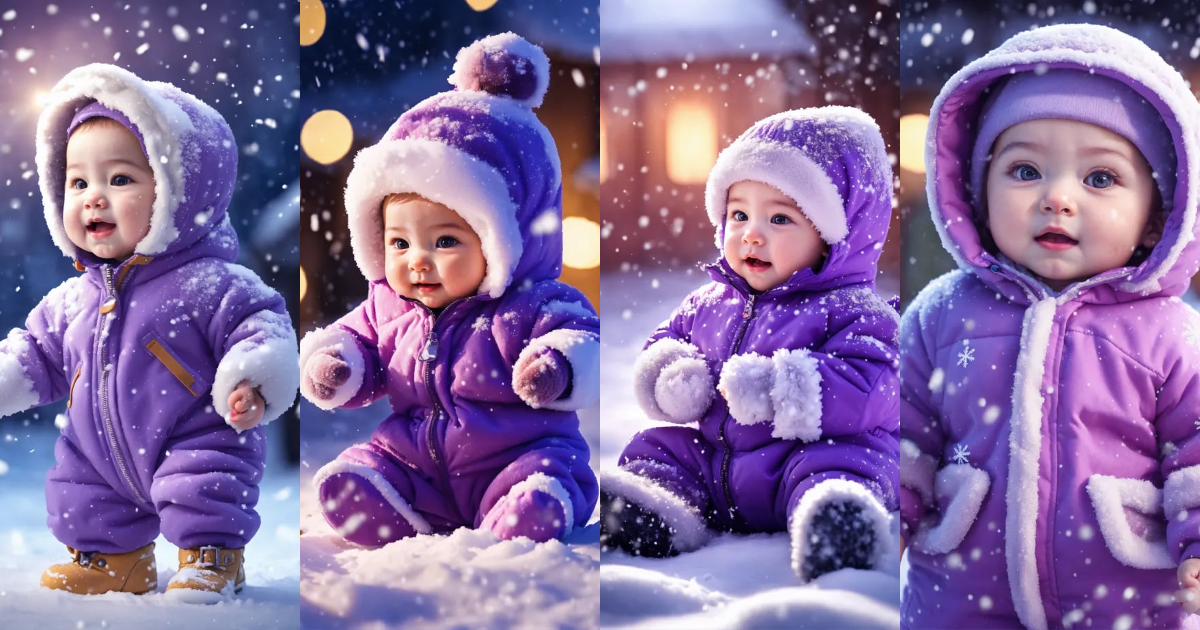 Lexica - A very cute snow baby animation in a purple snow suit playing ...