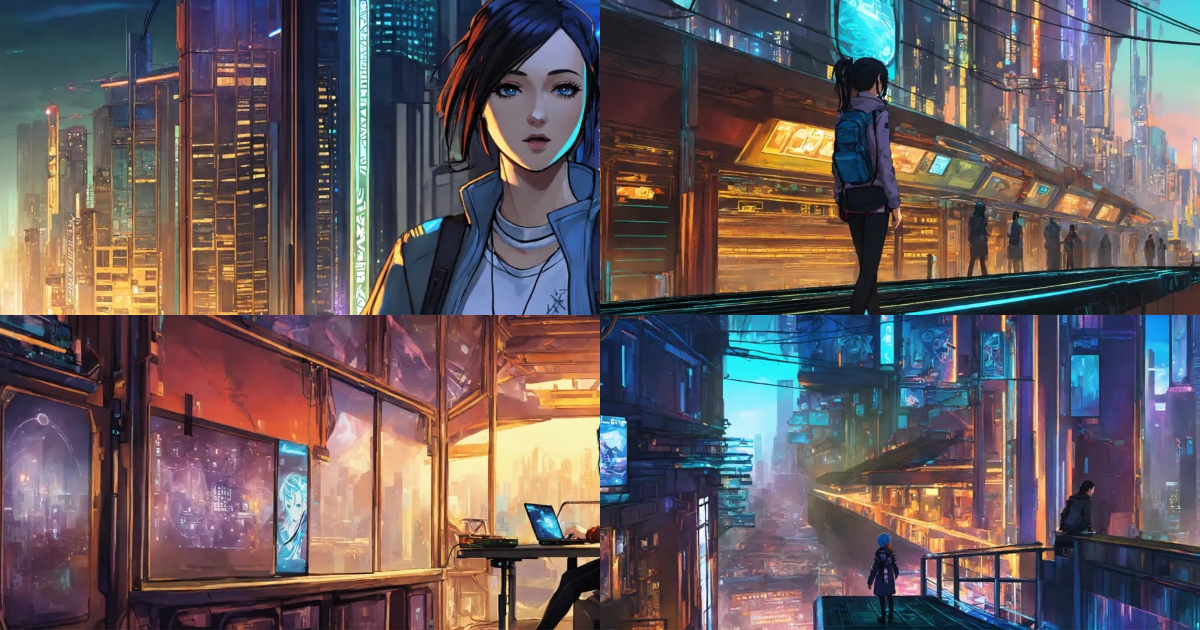 Lexica - Netrunner girl hacking, anime cartoon art, long shot, cyberpunk