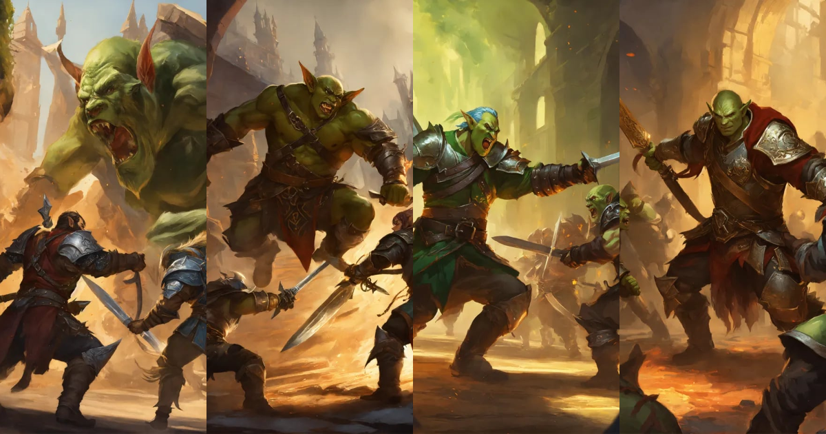 Lexica - One elf fights hand to hand combat with two orcs concept art