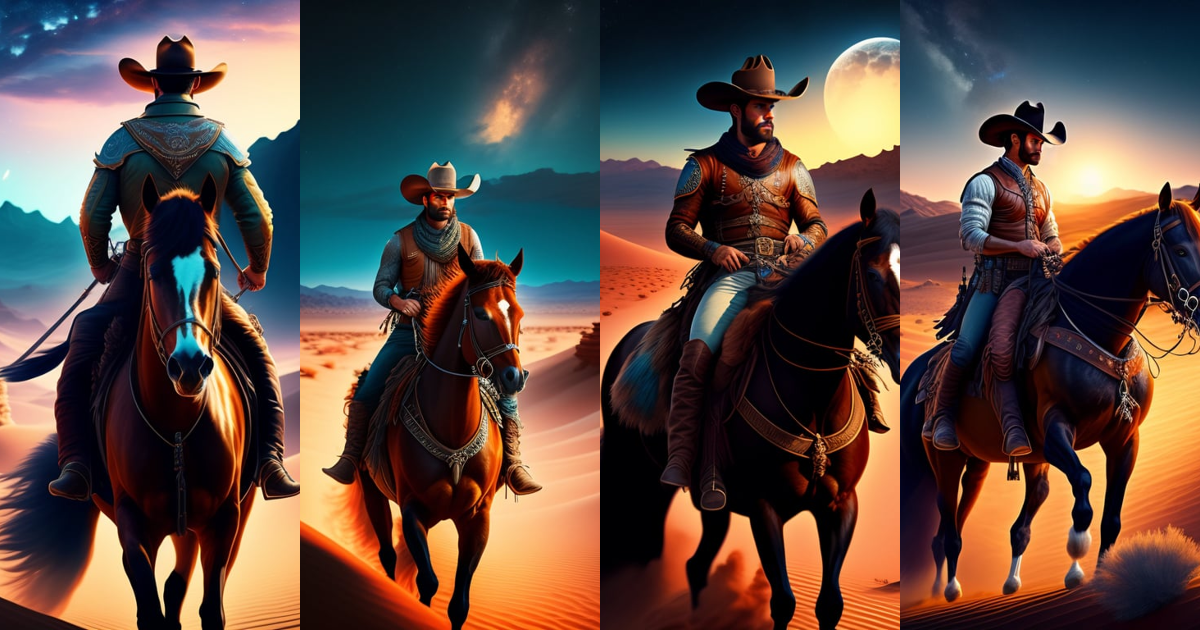 Lexica - Handsome rugged cowboy riding a horse through the desert at ...