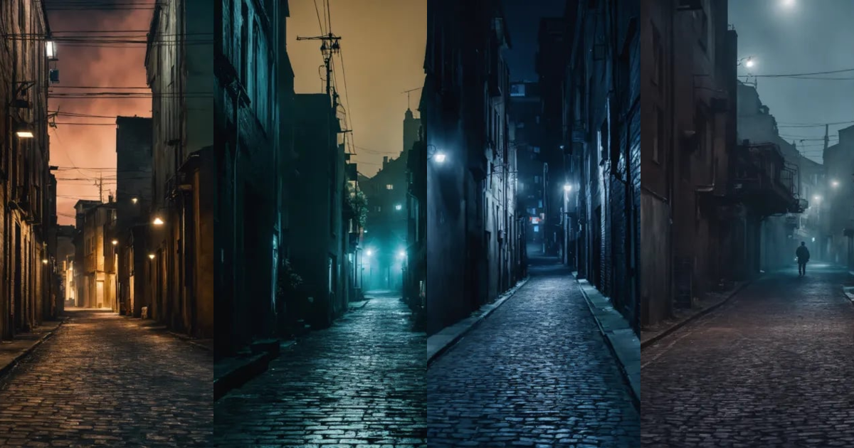 Lexica - A dark alley with buildings on the side, view from alley ...