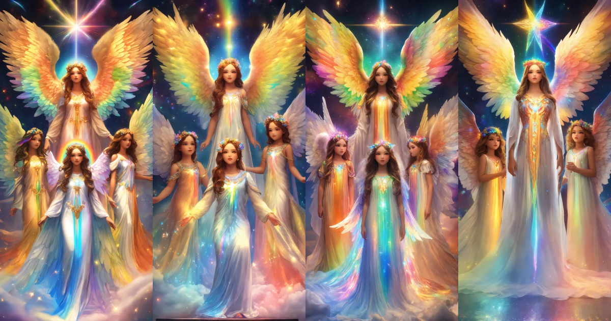 Lexica - 7 hyper-detailed holographic angels together with detailed and ...