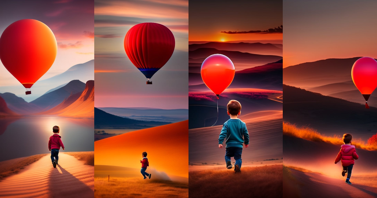 Lexica - A little boy chasing a red balloon, sunset, hill top