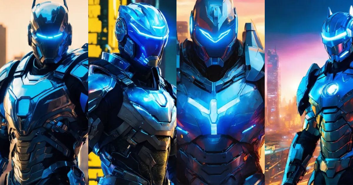 Lexica - Futuristic superhero, wearing a sleek suit of armor, neon blue ...