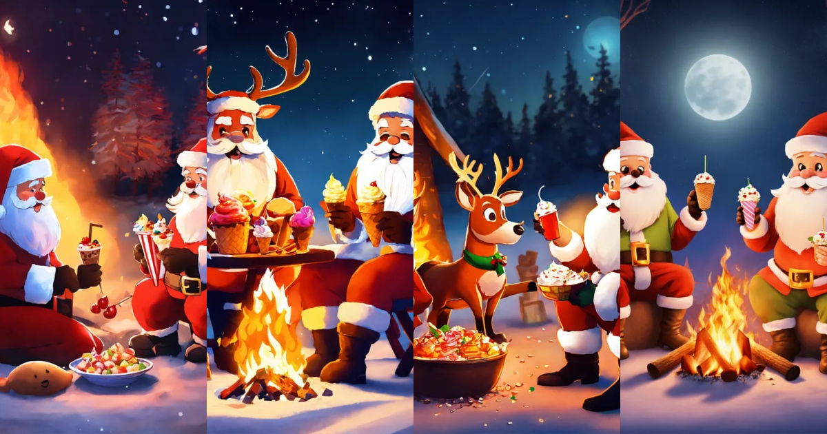 Lexica - Santa claus and rudolph eating a icecream around a bonfire ...