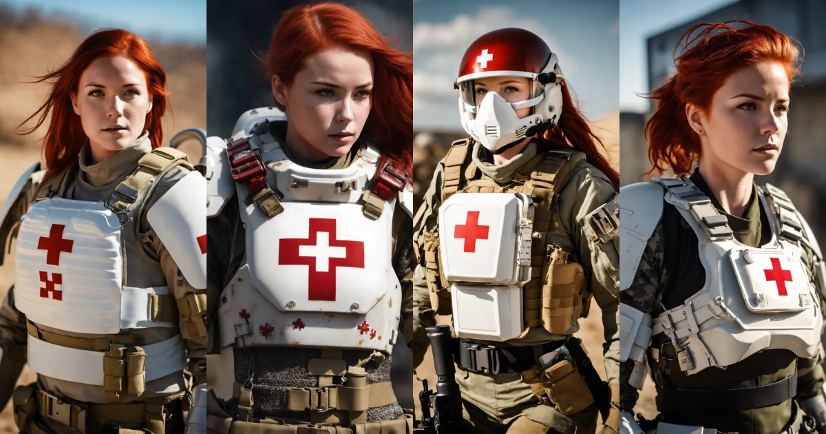 Lexica - Female red hair athletic combat medic wearing white metal ...