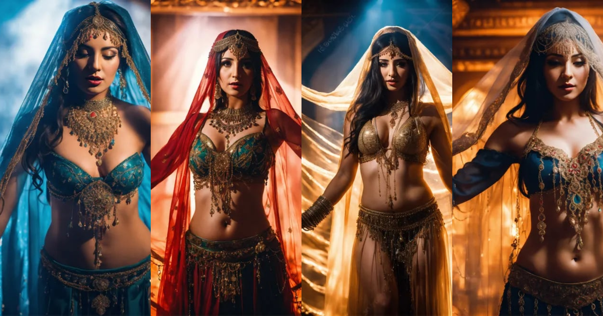 Lexica - Photo portrait of dynamic belly dancer dancing in oriental palace. adorned in chains ...