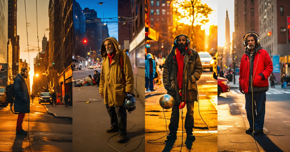 Lexica - Very creepy homeless standing in the street, wiht headphones ...