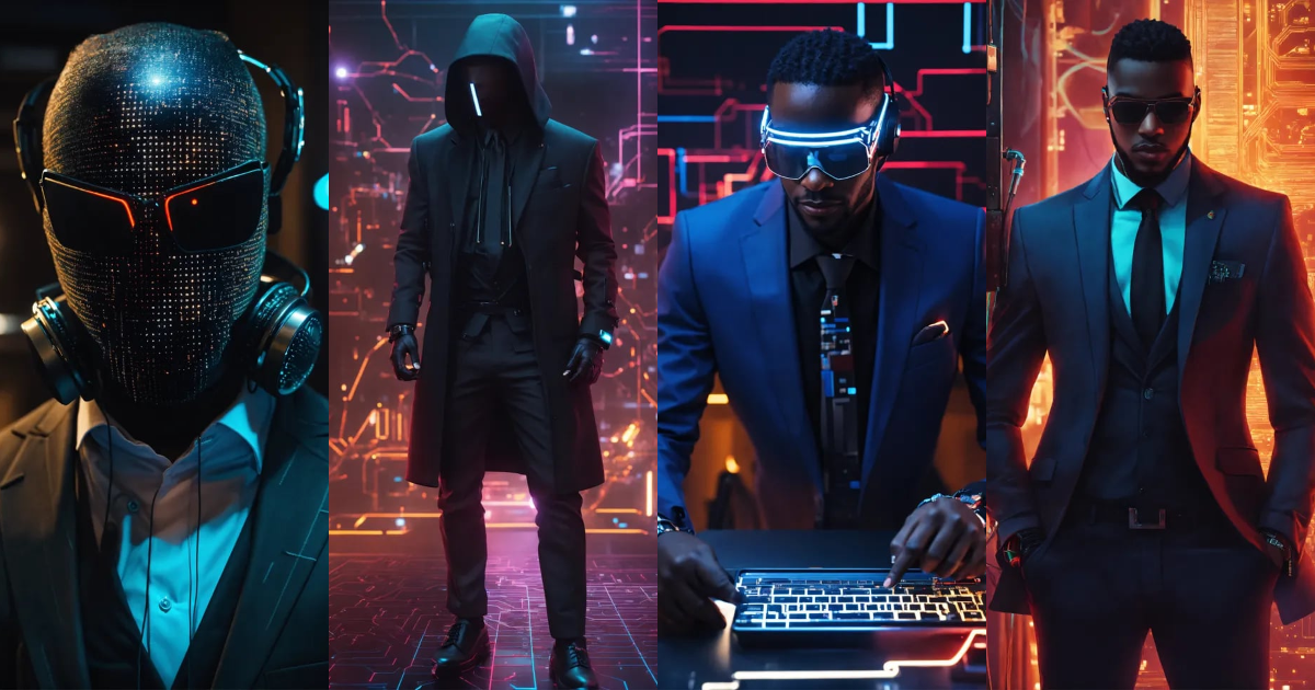 Lexica - A black hacker in a stylish suit with cybernetics