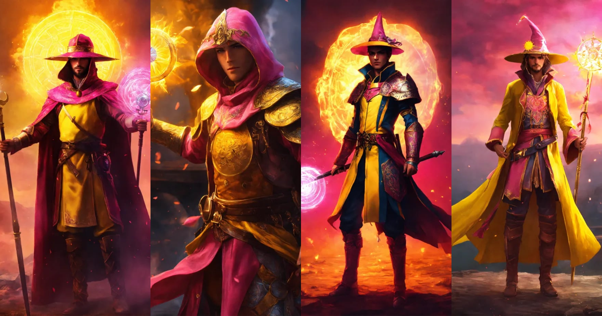 Lexica - A sun magician in yellow and pink, battlefield, medieval ...