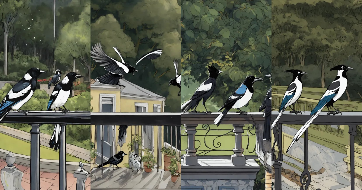 Lexica - 2 magpies facing another magpie, standing on a balcony rail ...