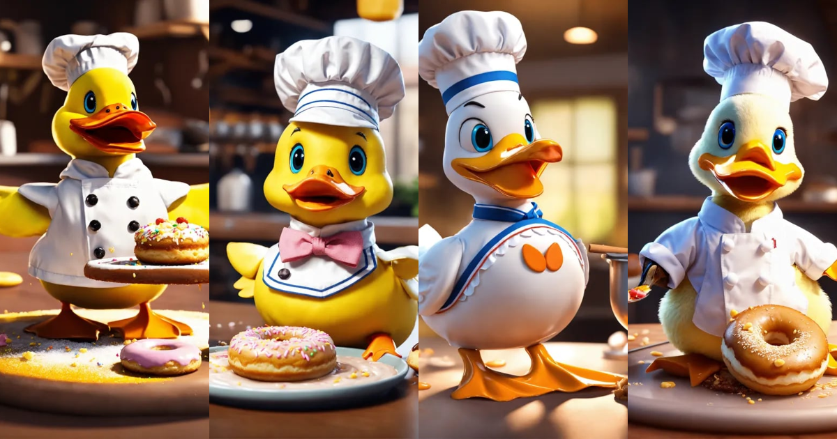 Lexica - A cute duck wearing a chef uniform, spilled donut batter ...