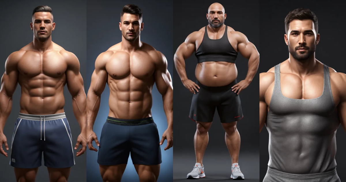 Lexica - Normal belly man, fitness wearing short, front view, hyper ...