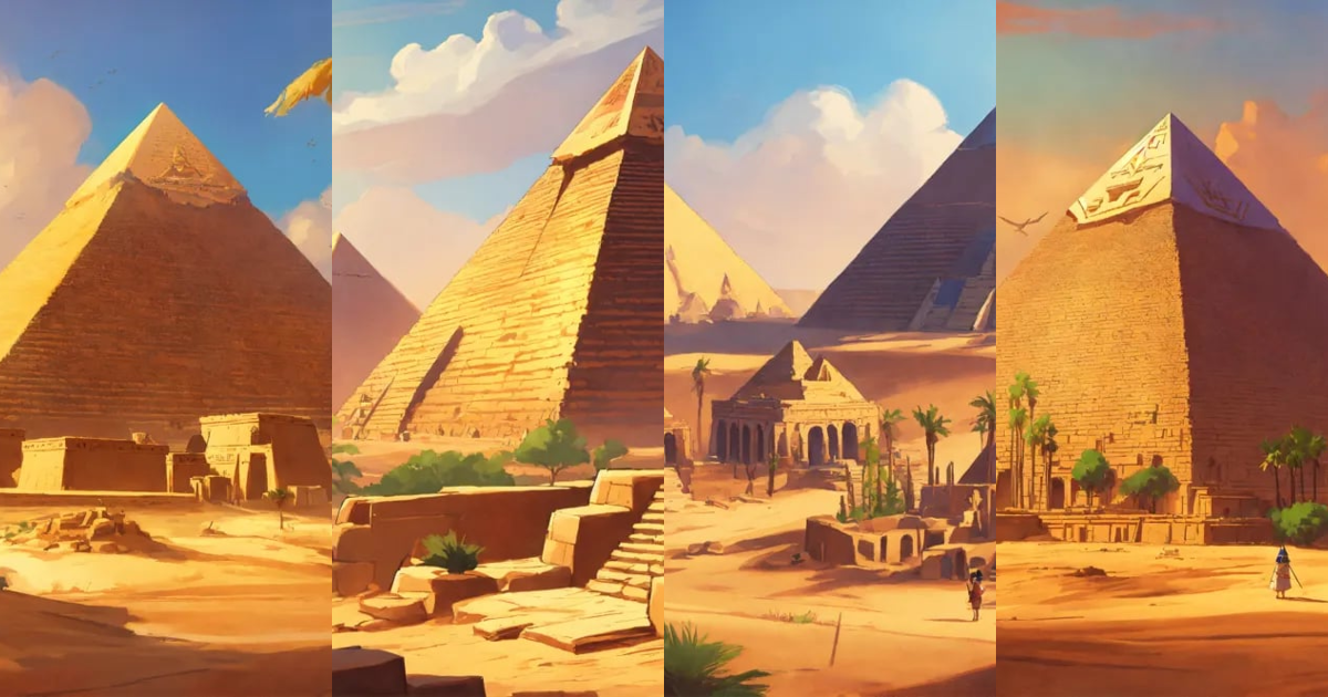 Lexica - Egyptian landscape with pyramid ruins, cartoon oil paint, 2D ...