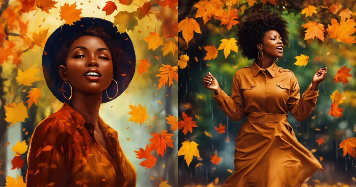 Lexica - Melanin lady singing in the rain, Autumn leaves