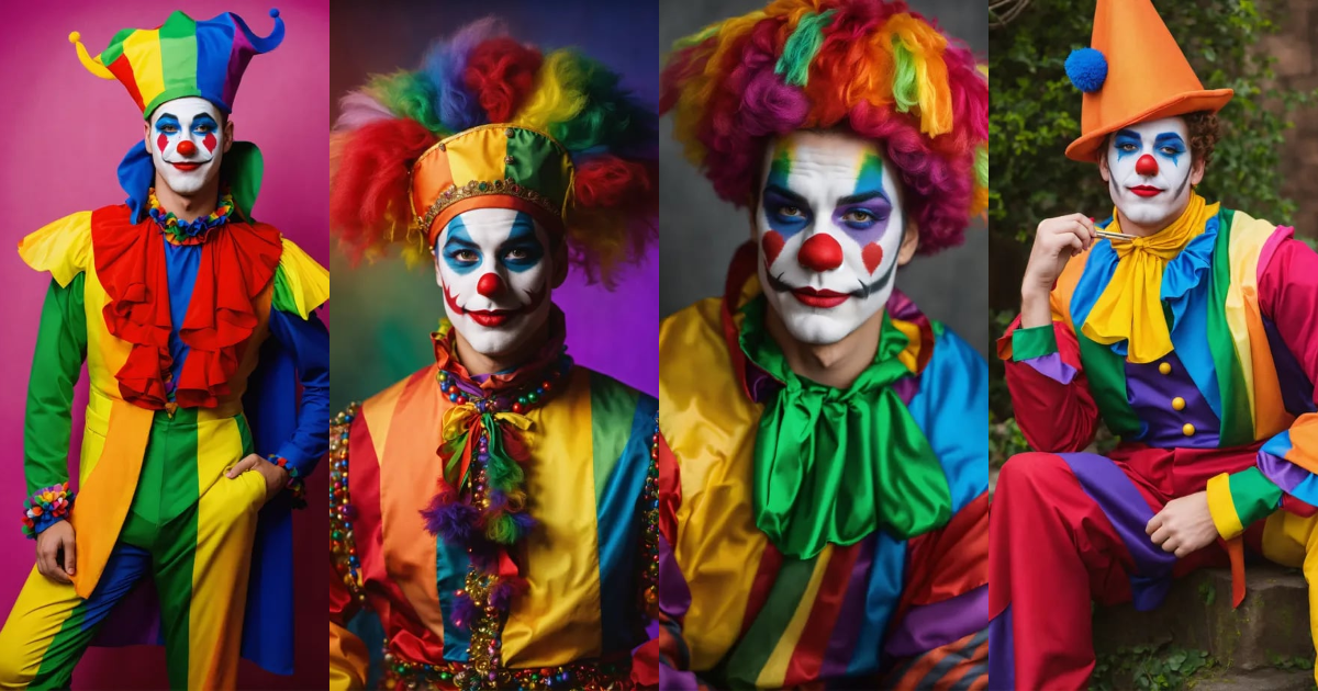 Lexica - Human male, court jester, rainbow cloths, clown makeup